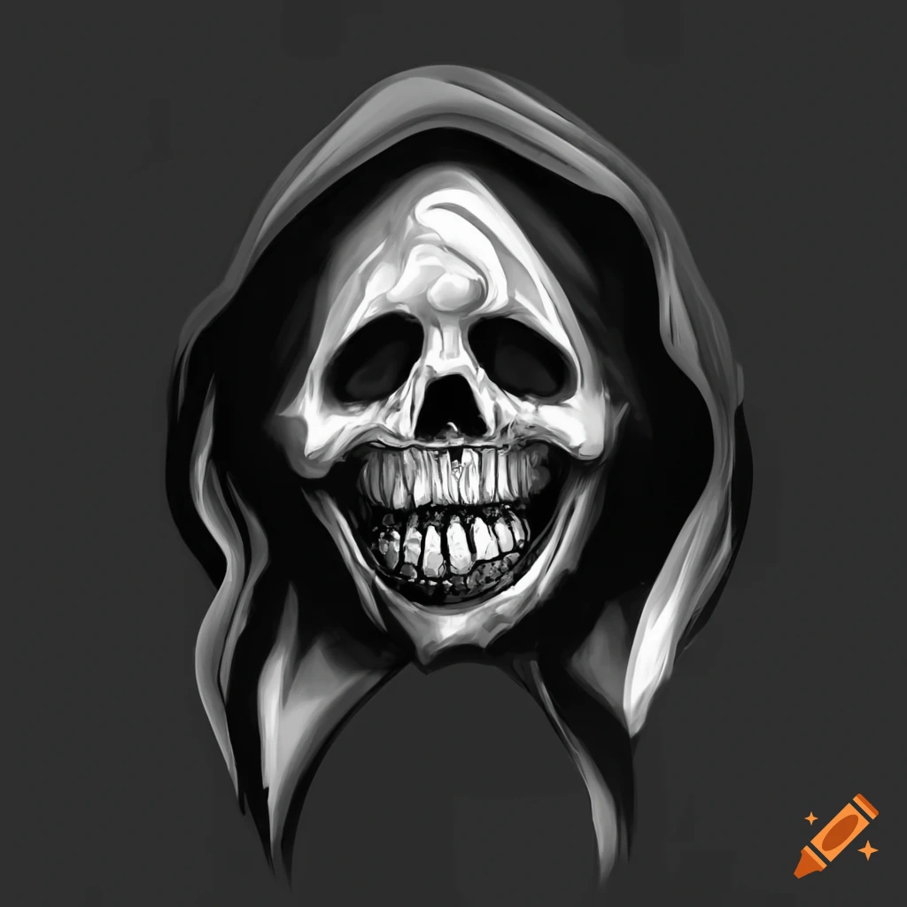 Monochrome logo of a wicked smiling reaper