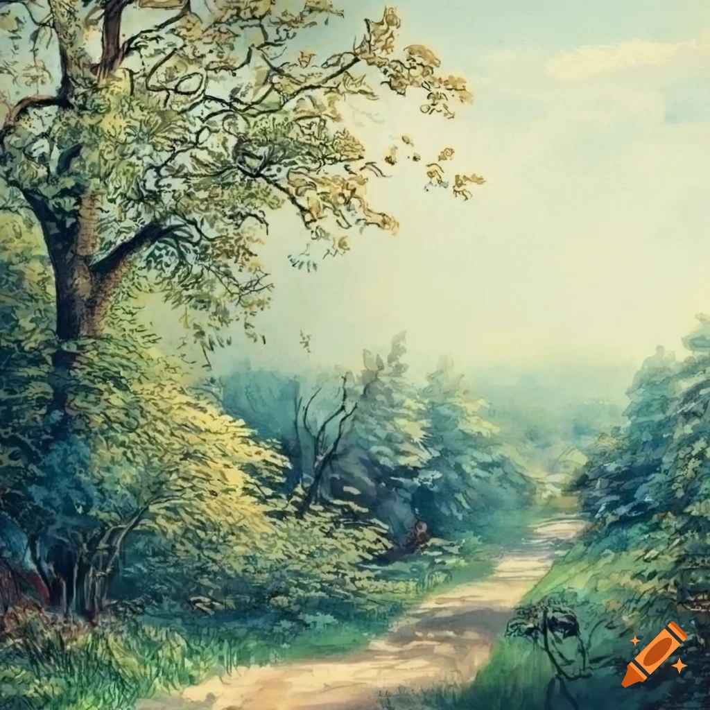 Colorful vintage illustration of a peaceful countryside path on Craiyon