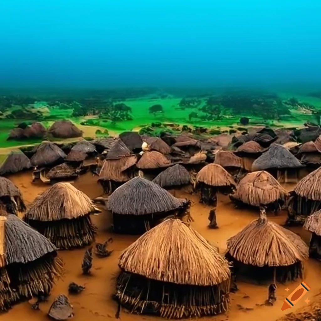 Aerial view of an african-style village on Craiyon