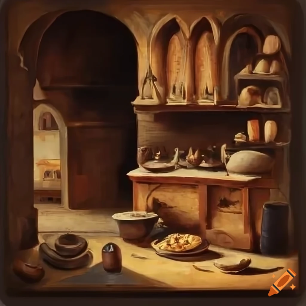 Painting of a medieval kitchen with utensils on Craiyon