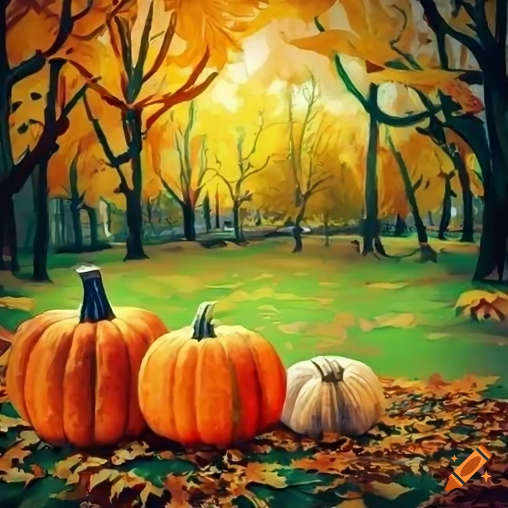 Realistic drawing of a park in autumn with pumpkins on Craiyon