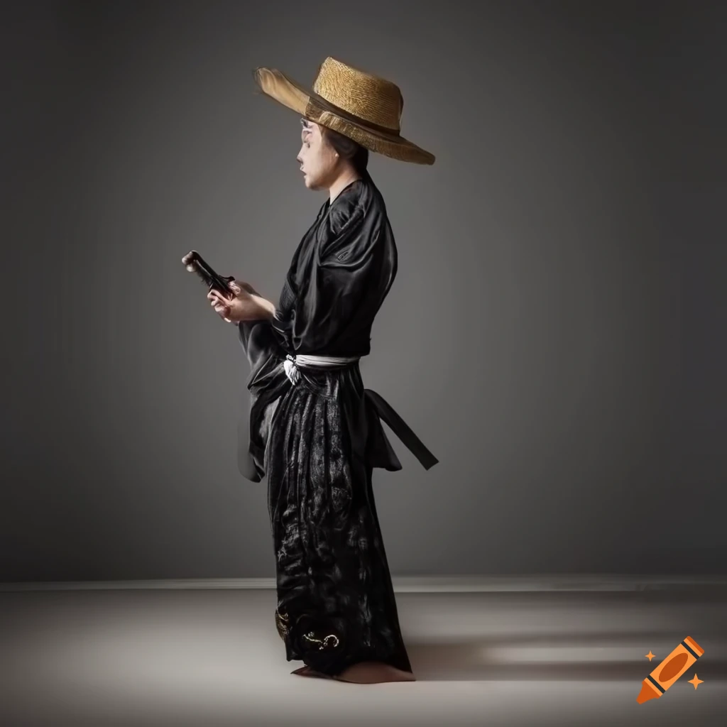 Hyperrealistic artwork of a samurai in a dark kimono and straw hat