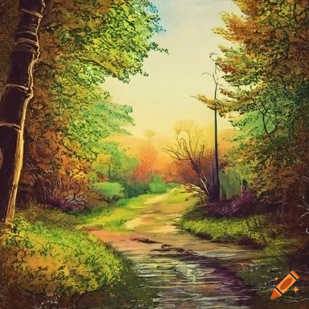 Detailed vintage drawing of a countryside path on Craiyon