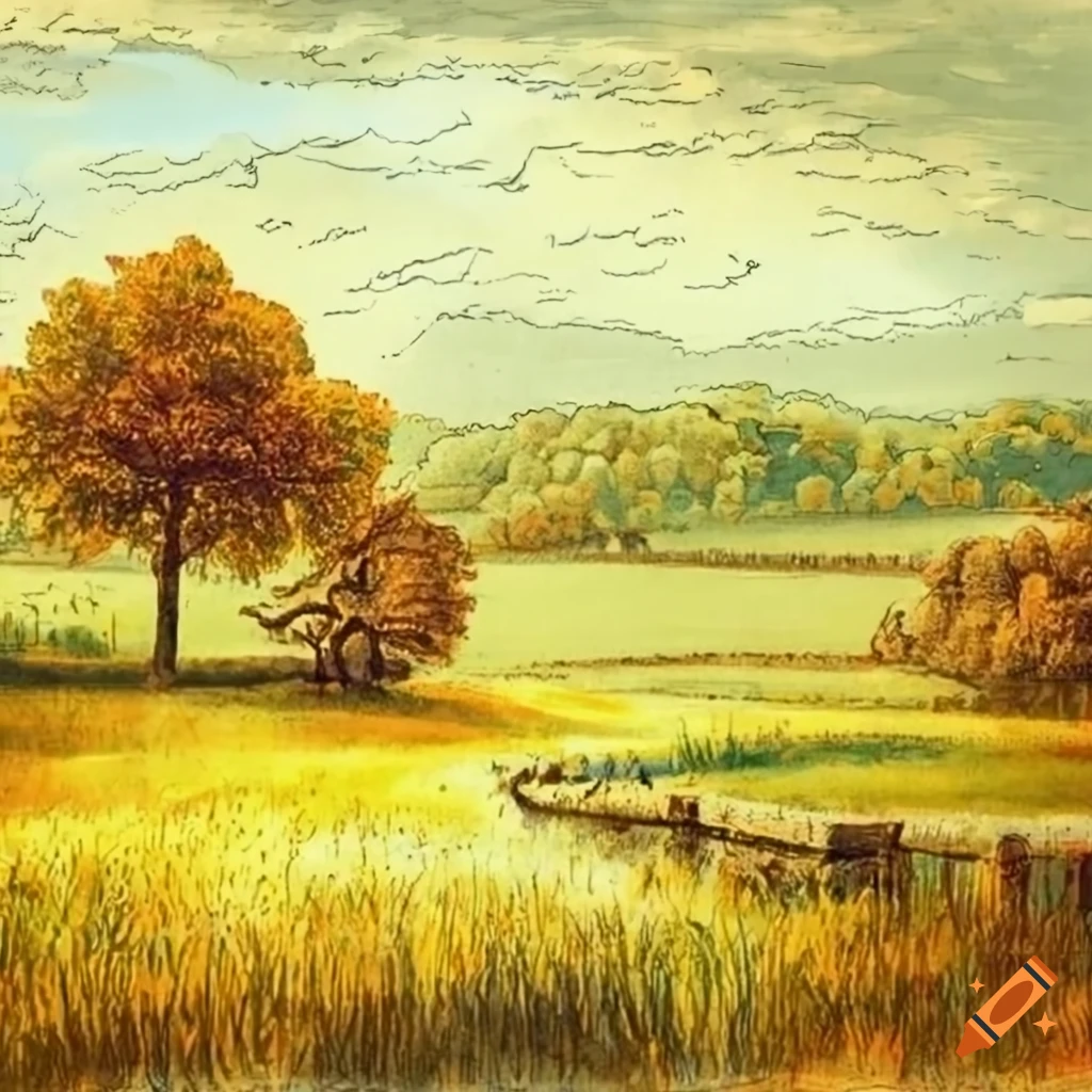 Vintage colorful drawing of a peaceful countryside field on Craiyon