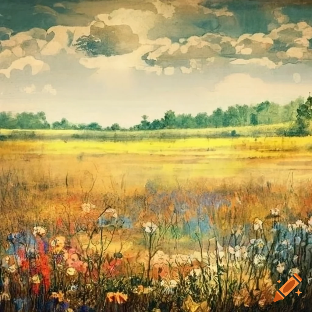 Vintage colourful drawing of a peaceful countryside field on Craiyon