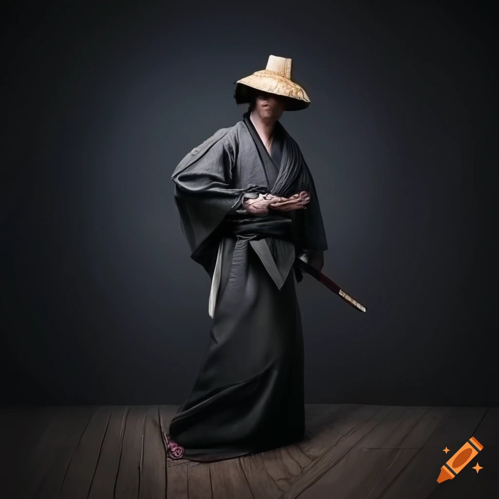 Hyperrealistic depiction of a samurai in a dark kimono and straw hat on ...