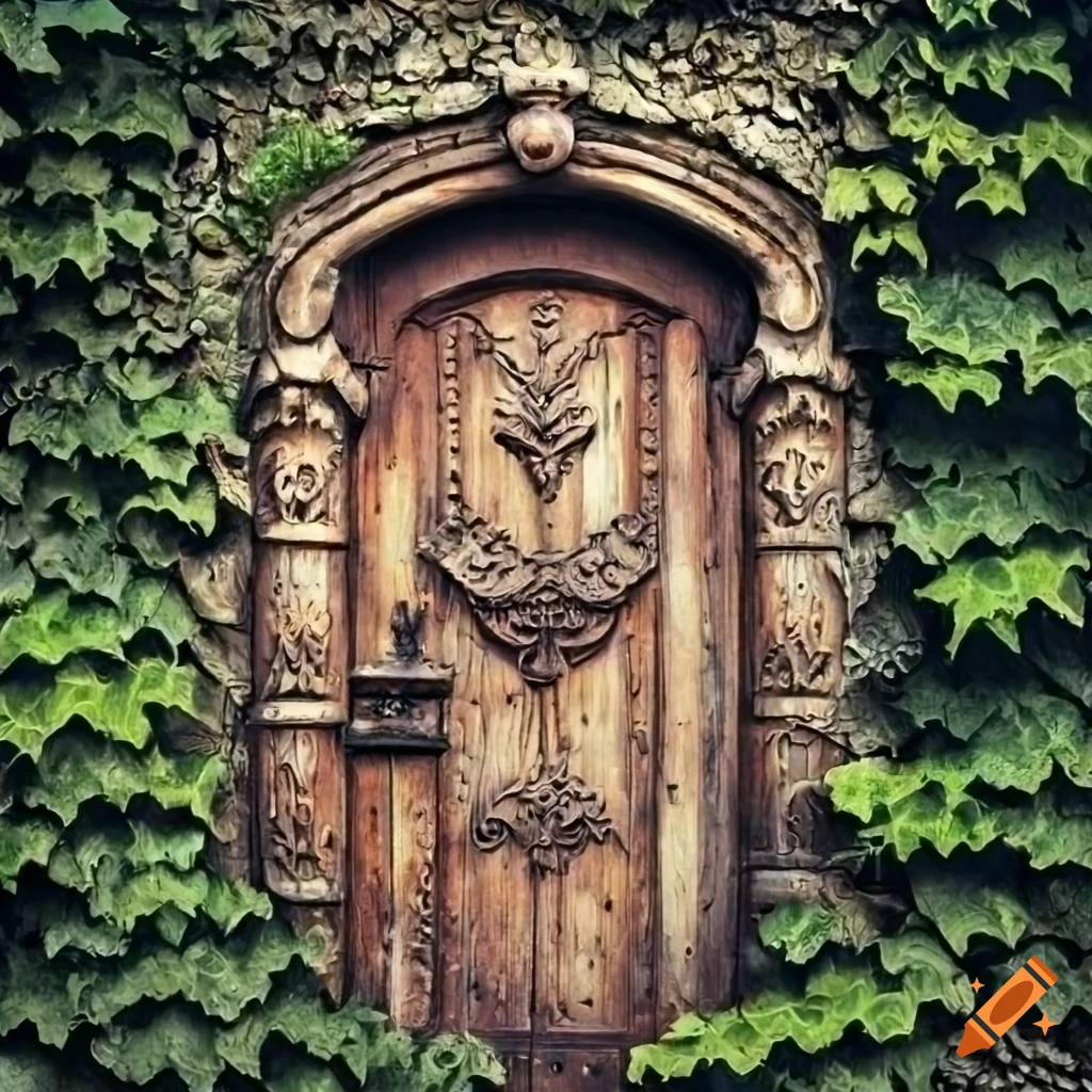 Wooden door with intricate carvings of fantasy creatures on Craiyon