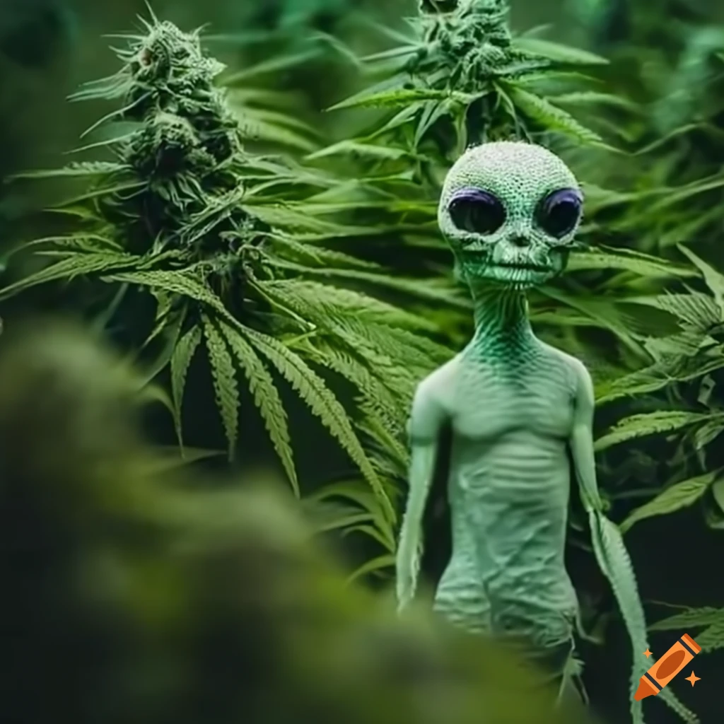 Illustration of an alien in a marijuana plantation on Craiyon