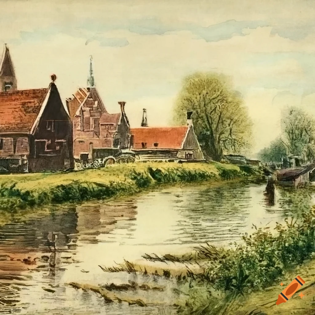 Detailed vintage drawing of a peaceful Dutch countryside on Craiyon