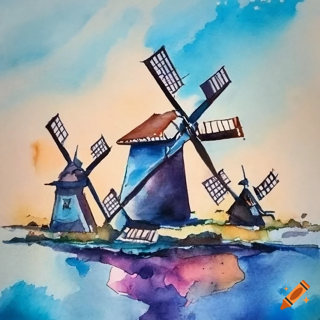 Watercolor painting of windmills on Craiyon