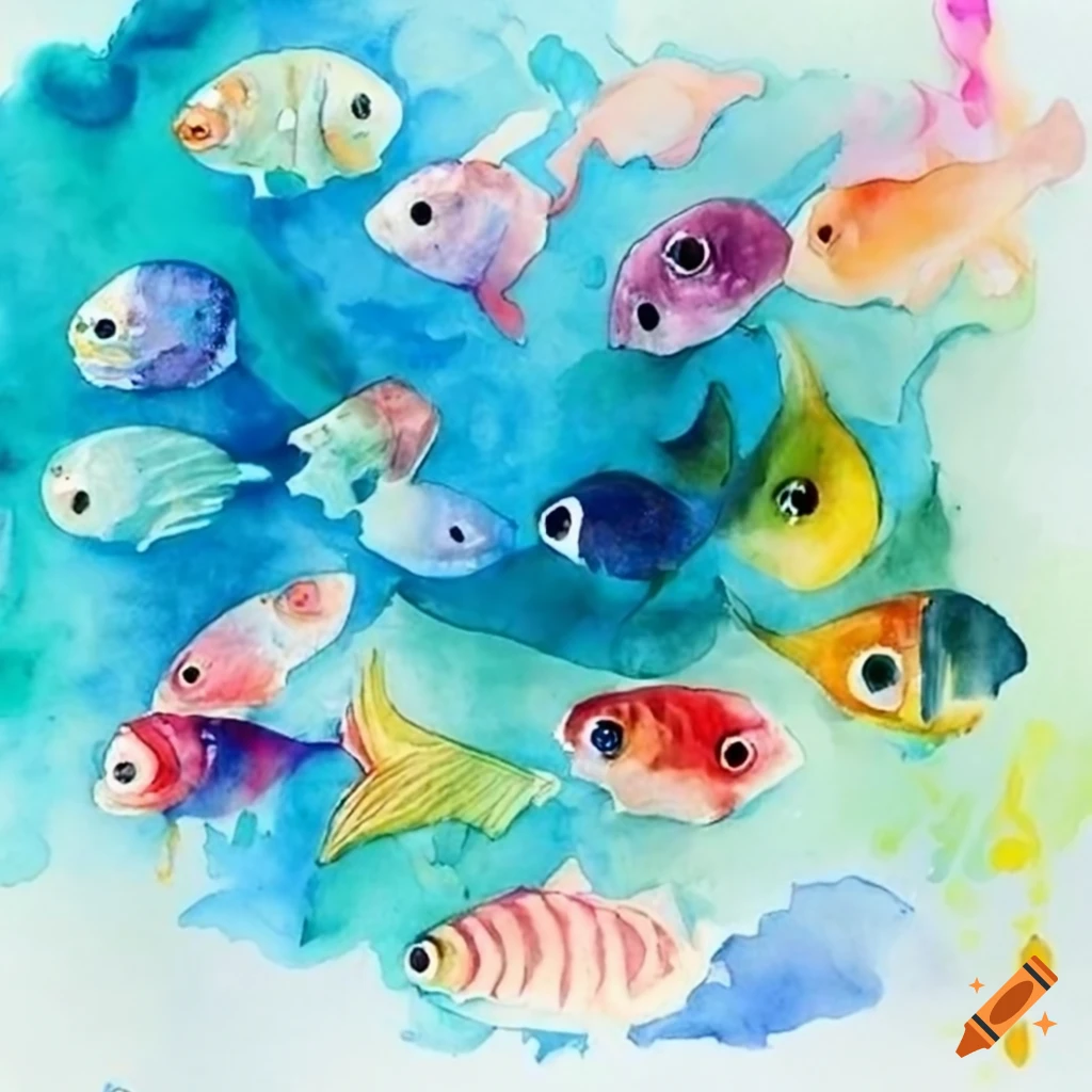 Watercolor painting of many tiny fishes on Craiyon