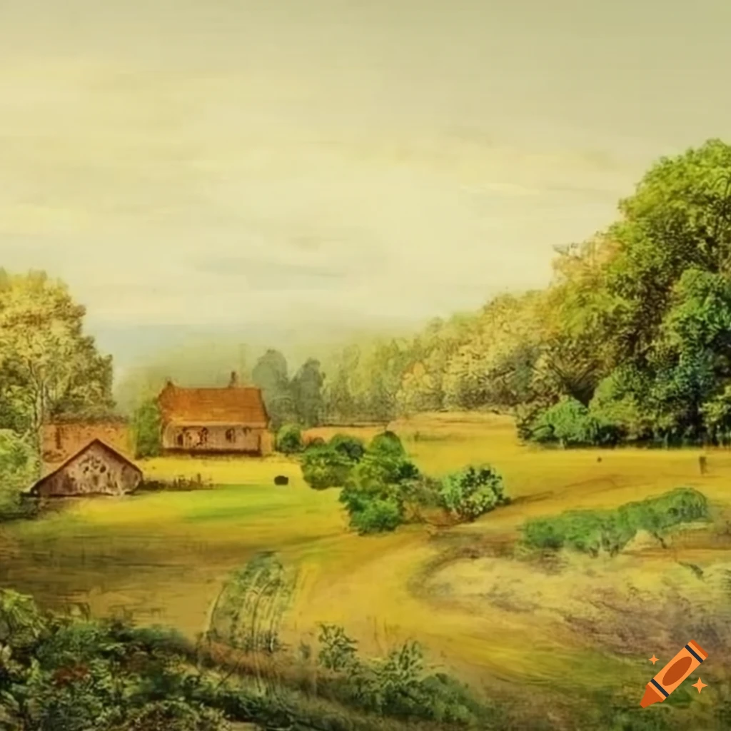 Detailed vintage drawing of a peaceful countryside field on Craiyon