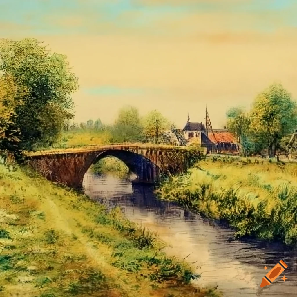 Vintage drawing of a peaceful countryside with a small bridge on Craiyon