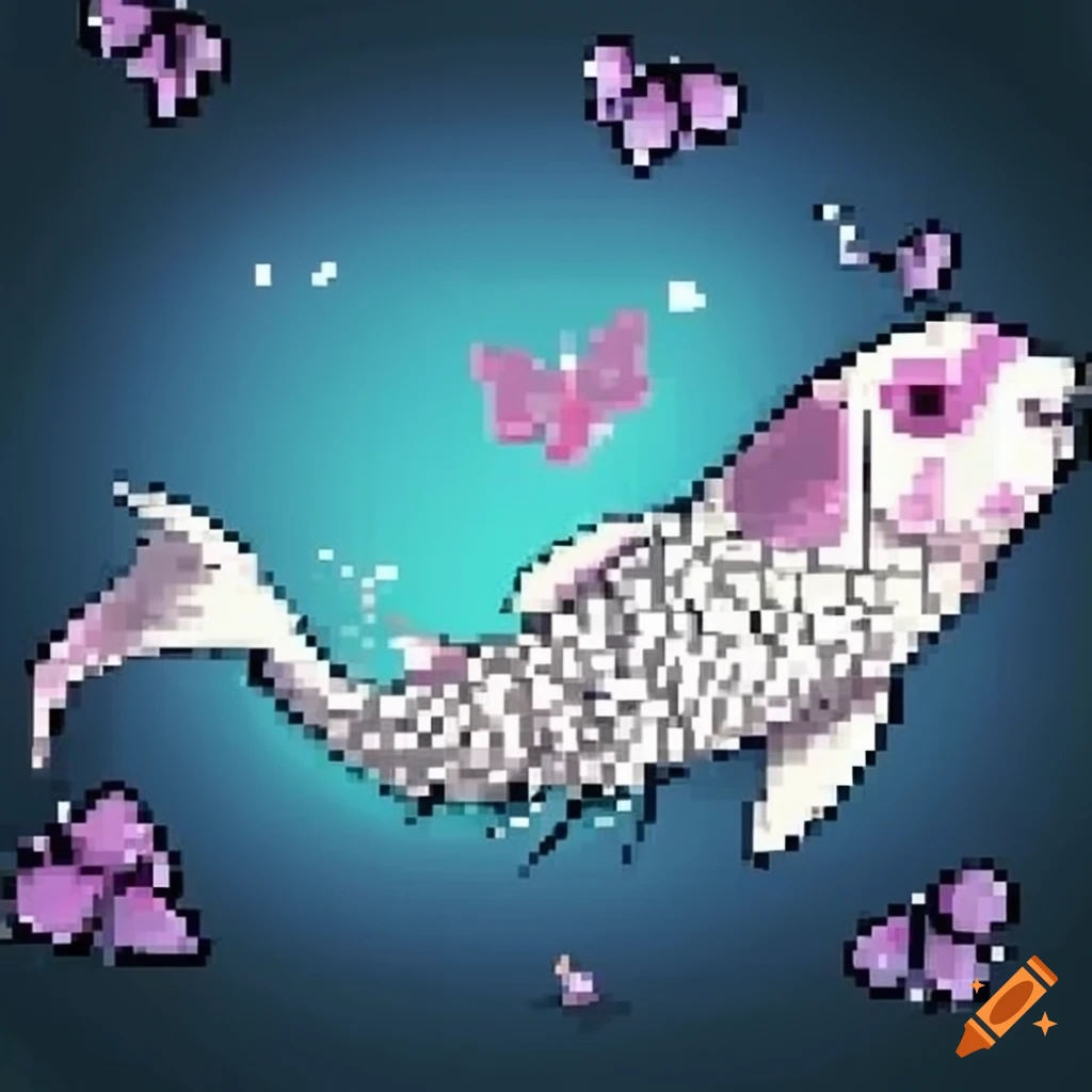 Pixel art of carp surrounded by butterflies and flowers on Craiyon