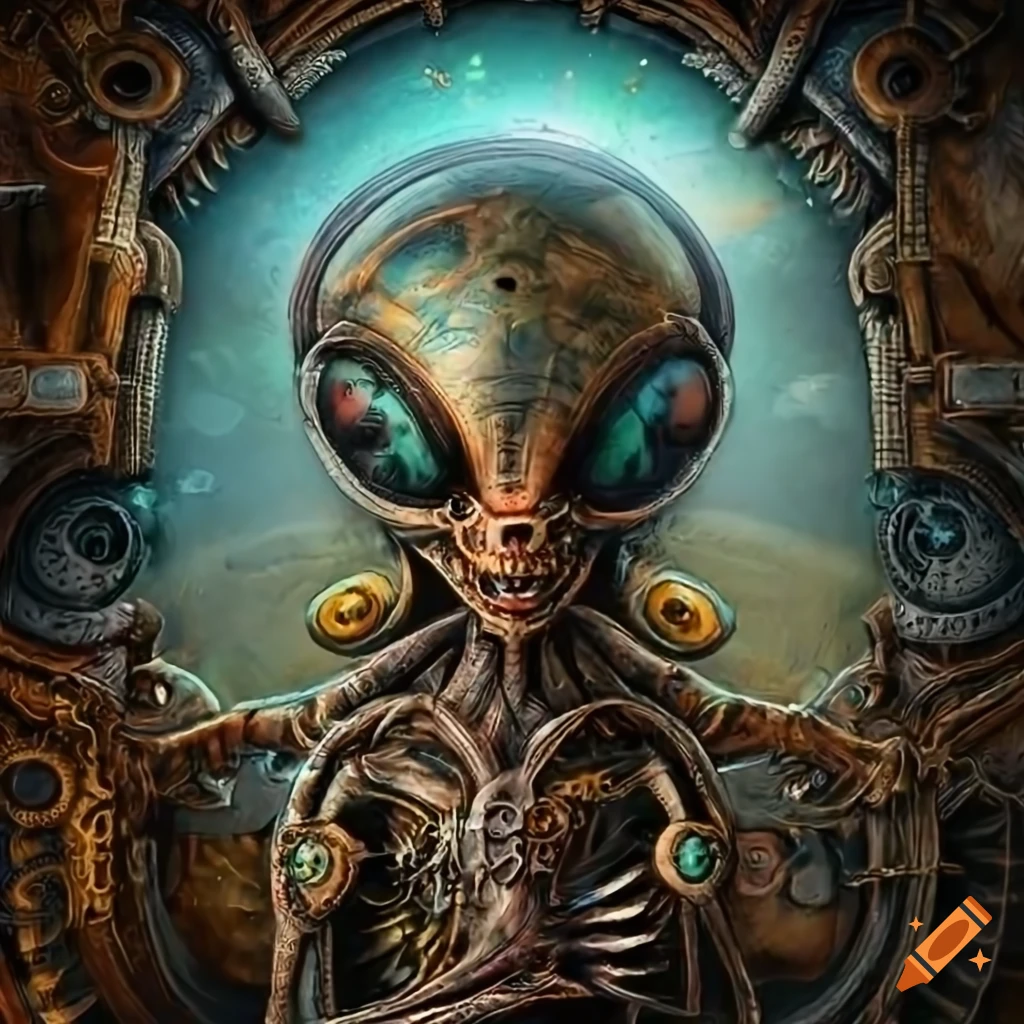 Hyper realistic steampunk alien UFO artwork on Craiyon