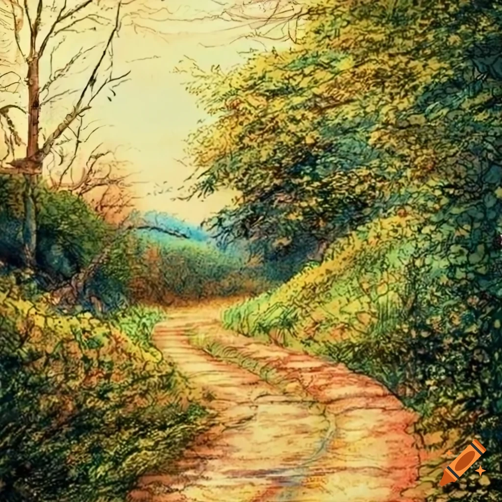 Colorful vintage illustration of a peaceful countryside path on Craiyon