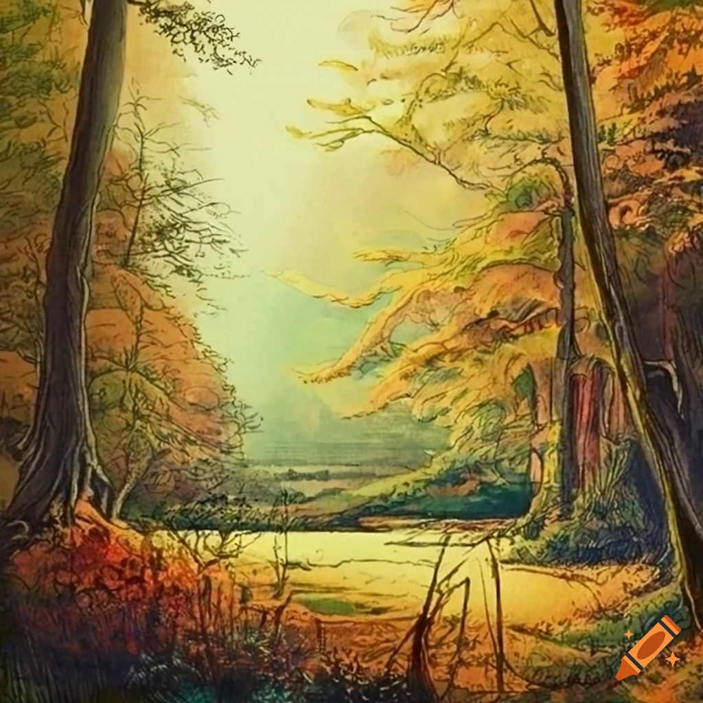 Detailed vintage drawing of a clearing in the woods