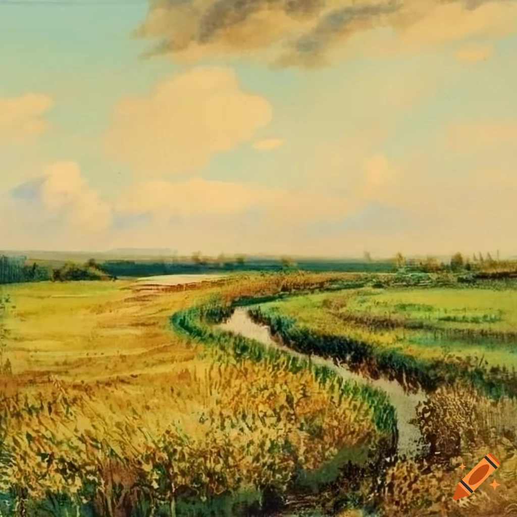 Detailed vintage drawing of a peaceful countryside in Holland on Craiyon