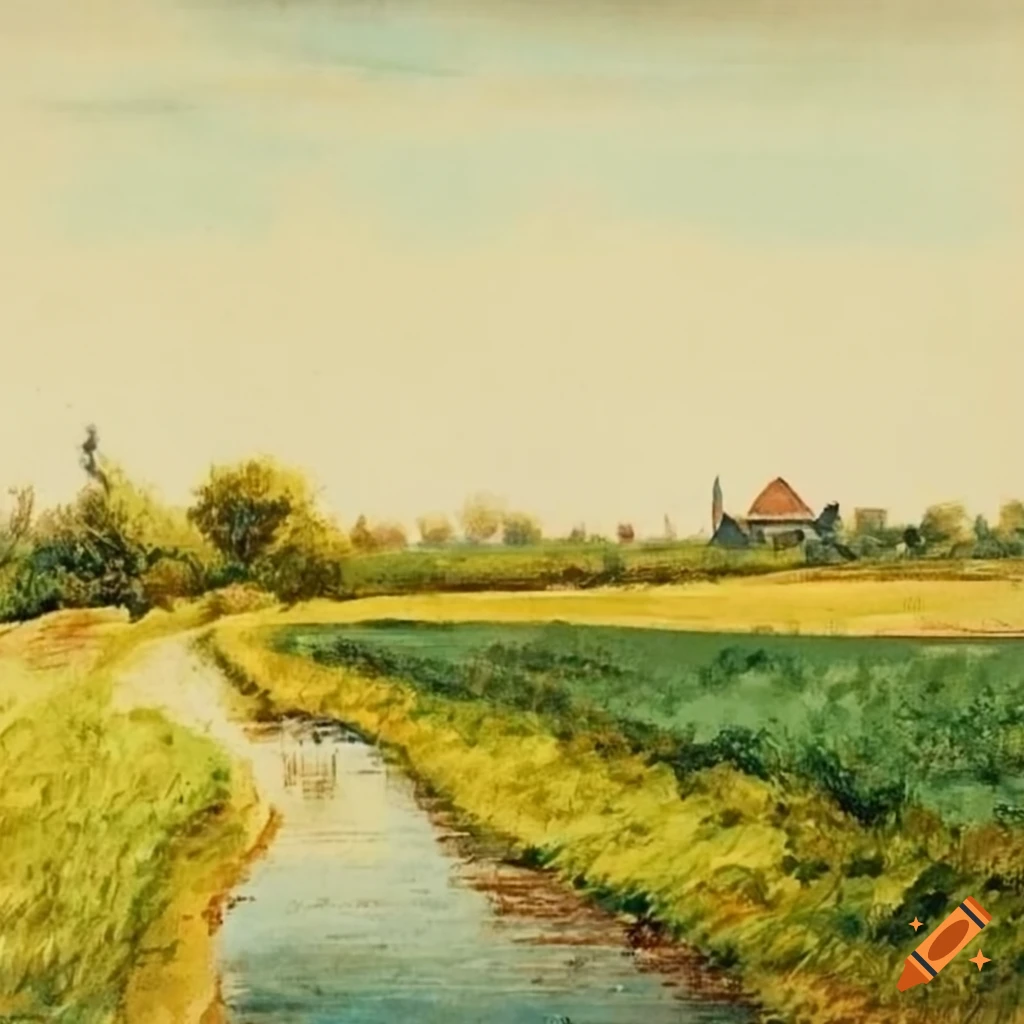 Detailed vintage drawing of a peaceful countryside in Holland on Craiyon