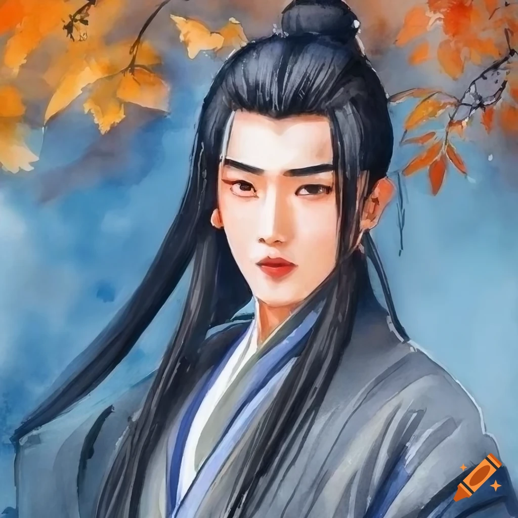 Watercolor painting of a young chinese man in autumn setting