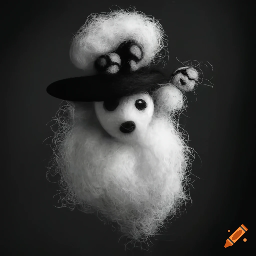 Felted wool creatures wearing extravagant hats on Craiyon