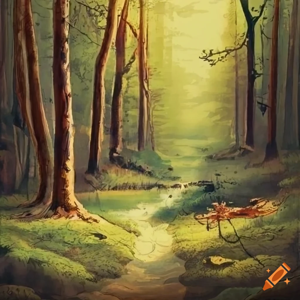 Detailed vintage drawing of a clearing in the woods on Craiyon