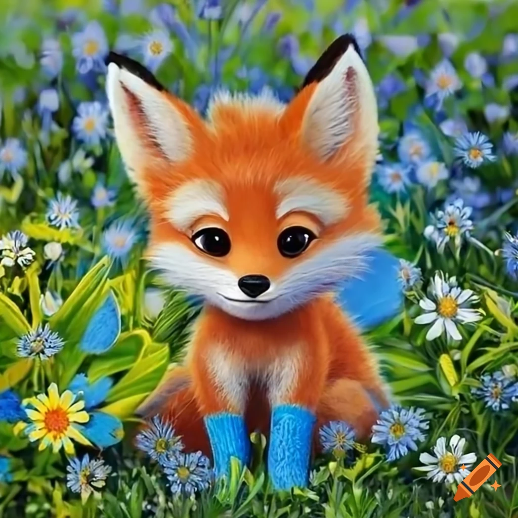 Illustration of a baby fox wearing blue socks on Craiyon
