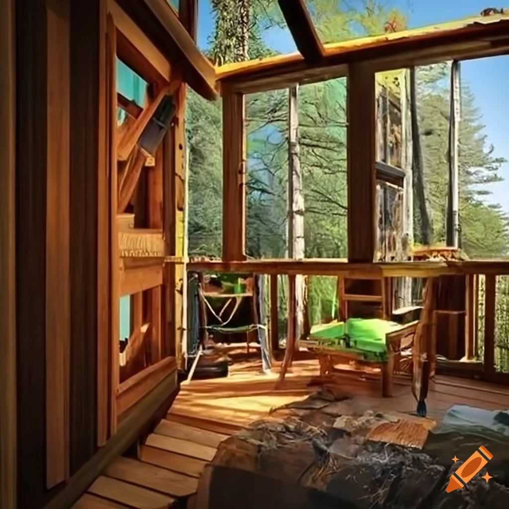 Rustic treehouse with large windows and cozy interior on Craiyon