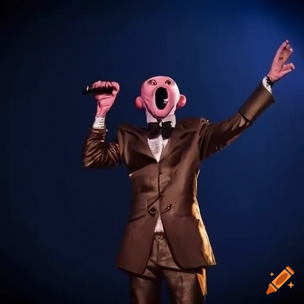 Masked male singer performing live with a microphone head on Craiyon