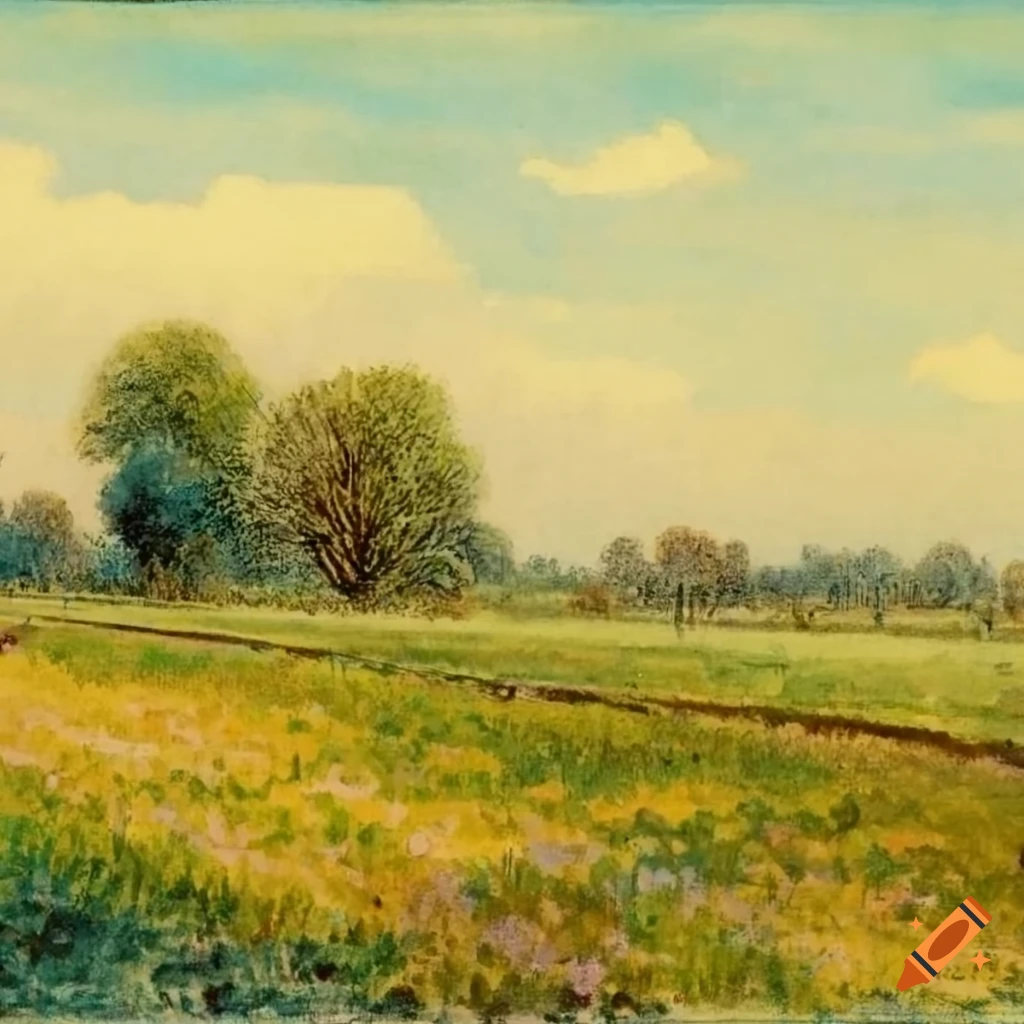 Detailed vintage drawing of a peaceful countryside view on Craiyon