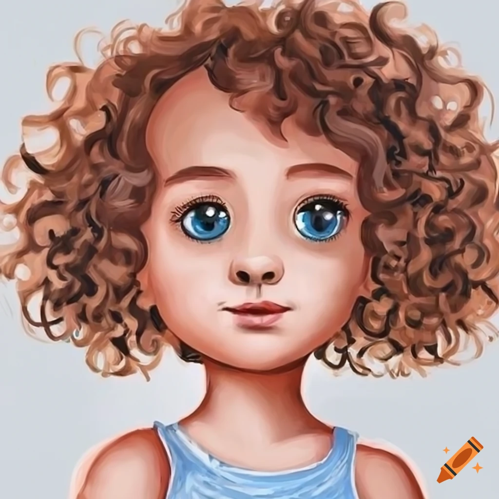Black and white outline drawing of a girl with blue eyes and curly ...