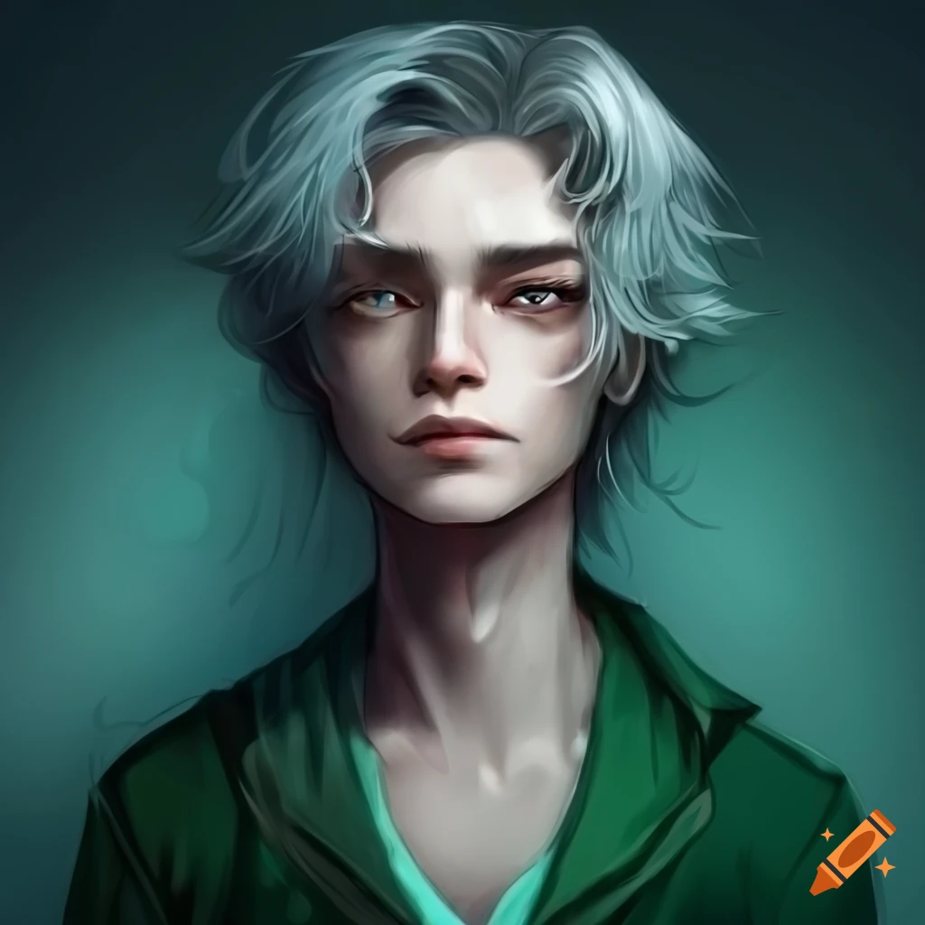 Artistic depiction of a man with green wings and pale skin on Craiyon