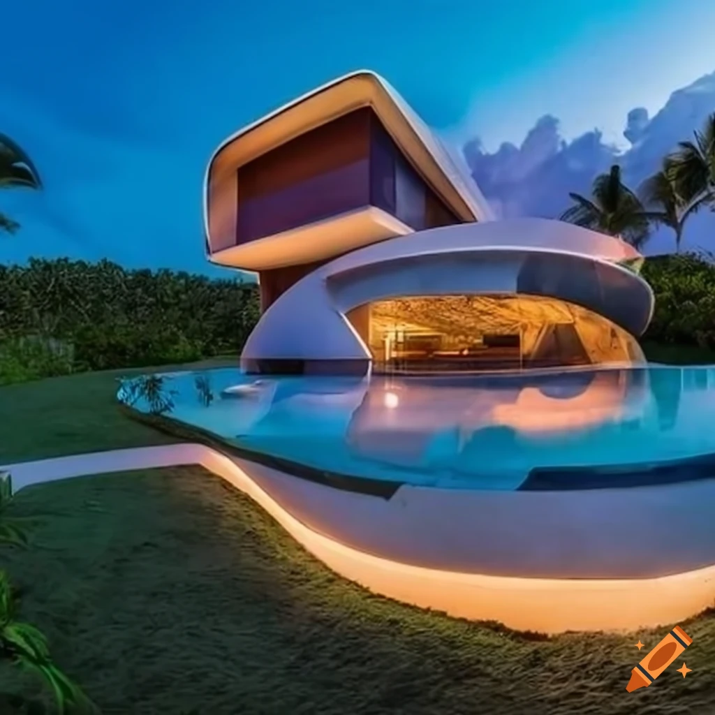 Futuristic villa perched on a hill overlooking the beach on Craiyon