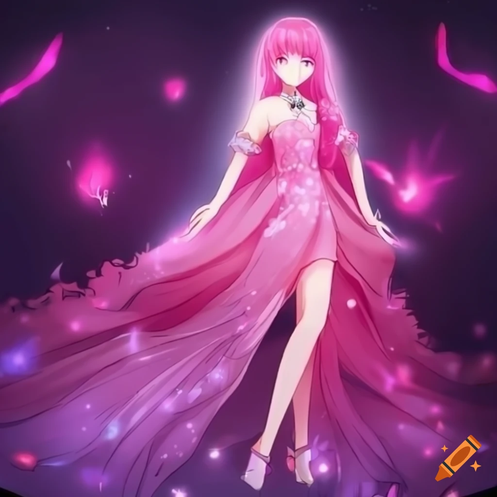 Elegant anime girl in flowing dress with pink aura on Craiyon