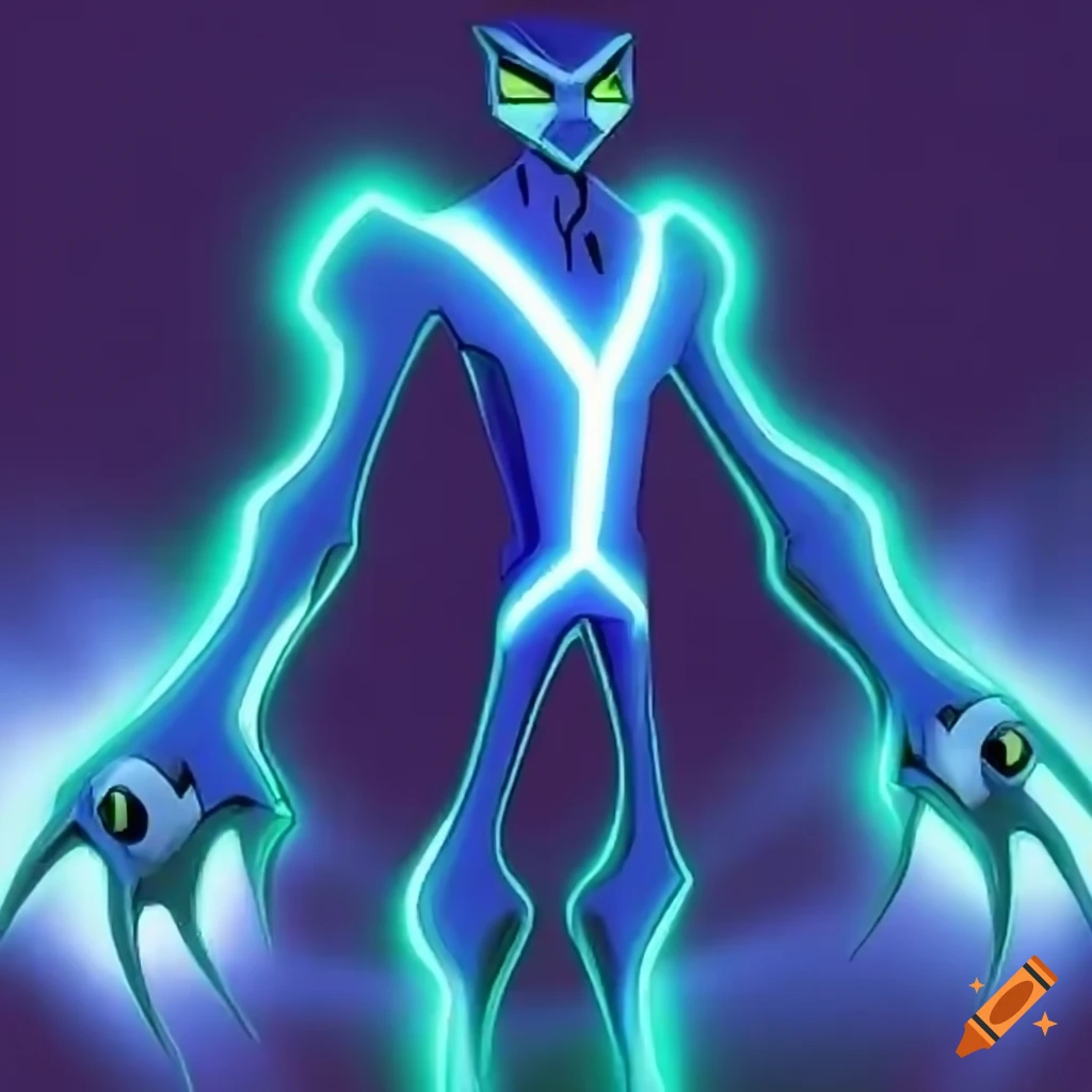 Neon-blue Ben 10 style alien with lightning powers on Craiyon