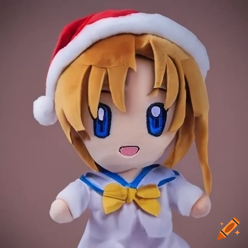 Plush toy of Rena Ryugu from Higurashi with a Christmas hat on Craiyon