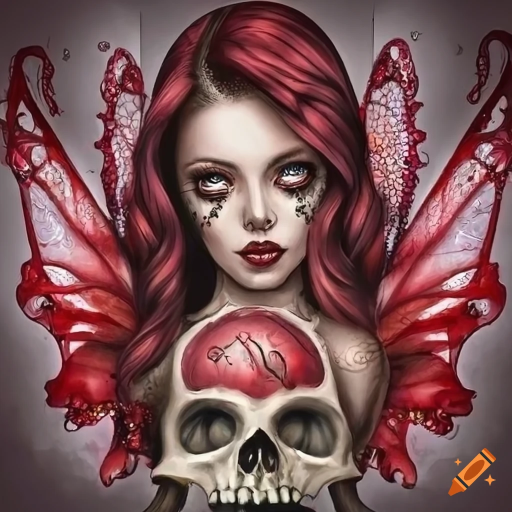 Chicano art of a red fairy sitting on a skull on Craiyon