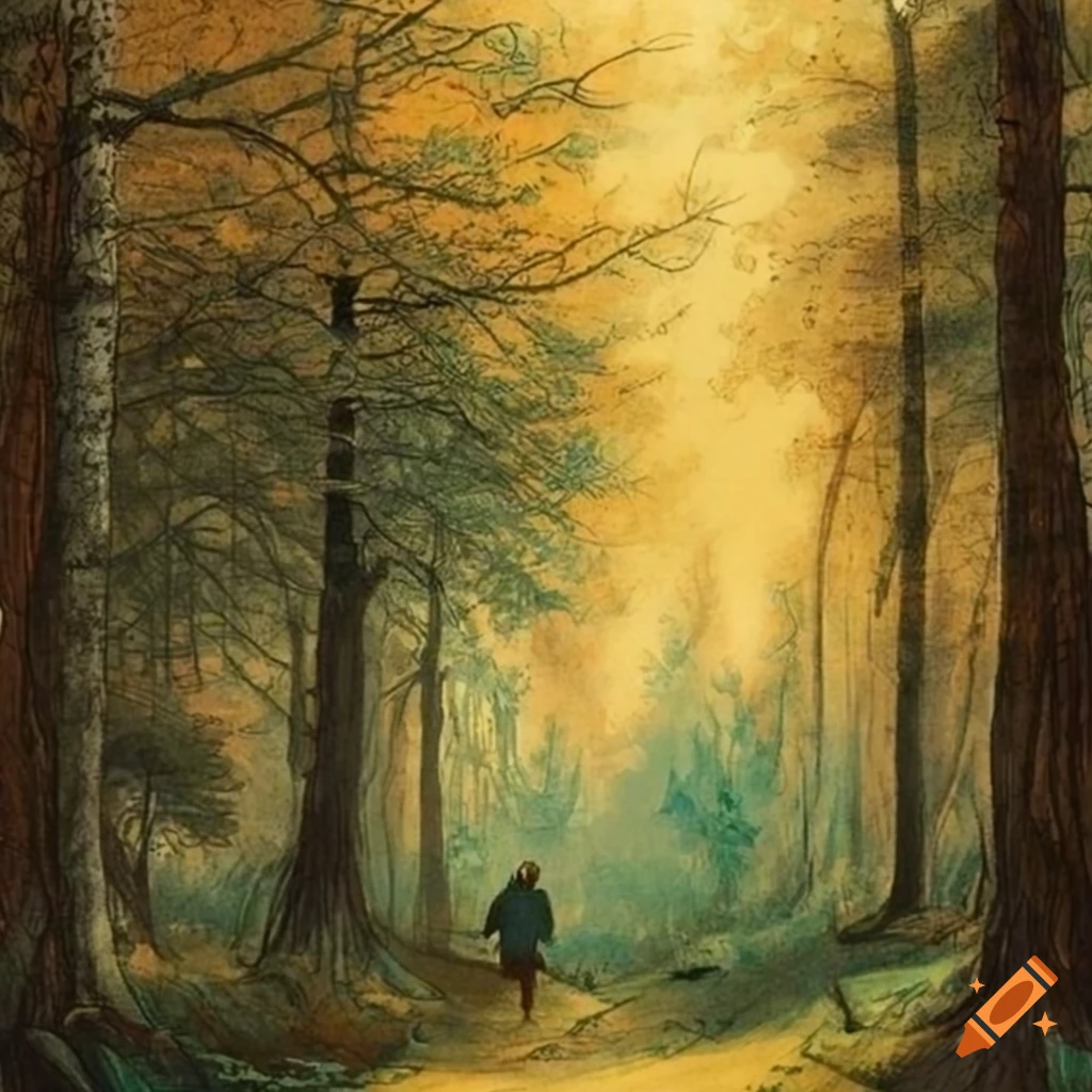 Vintage colored drawing of a person in the woods on Craiyon