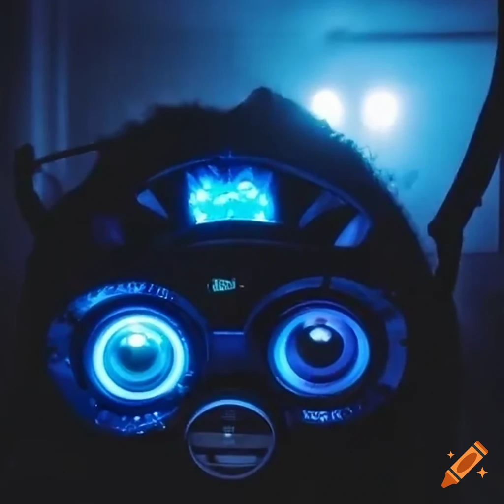 Photo realistic close up of a giant furby endoskeleton in a foggy room ...