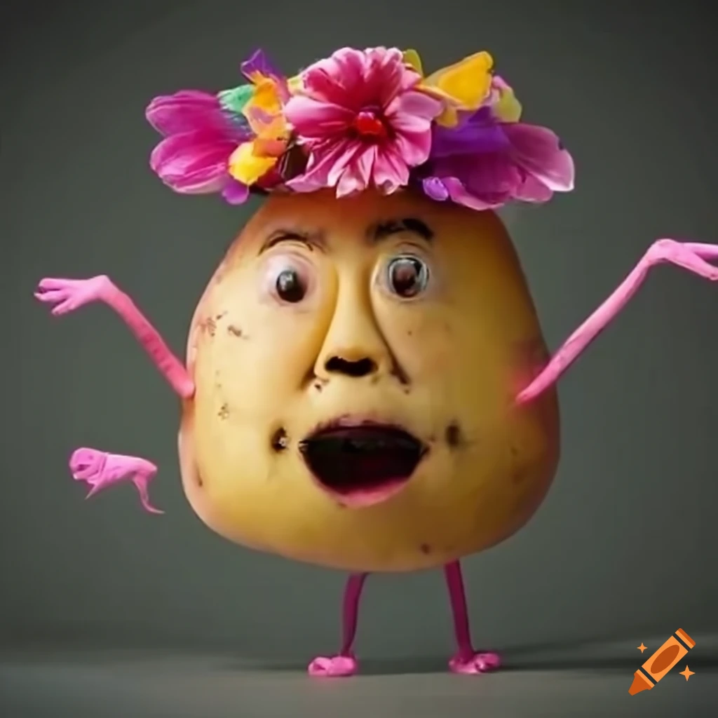 Humorous image of a potato singing and dancing with a large flower hat ...