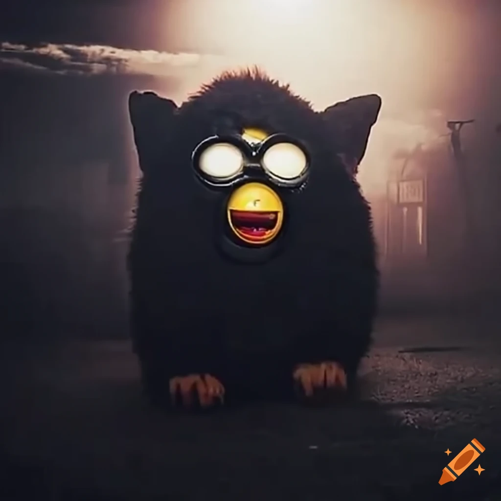 Close-up shot of a creepy furby creature in a foggy house on Craiyon