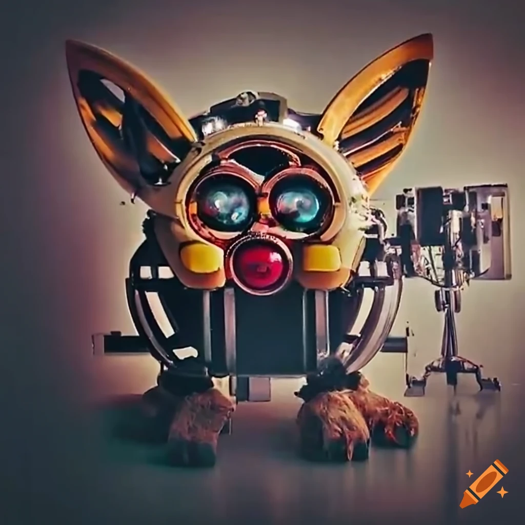Photorealistic close-up shot of a giant furby endoskeleton in a foggy ...