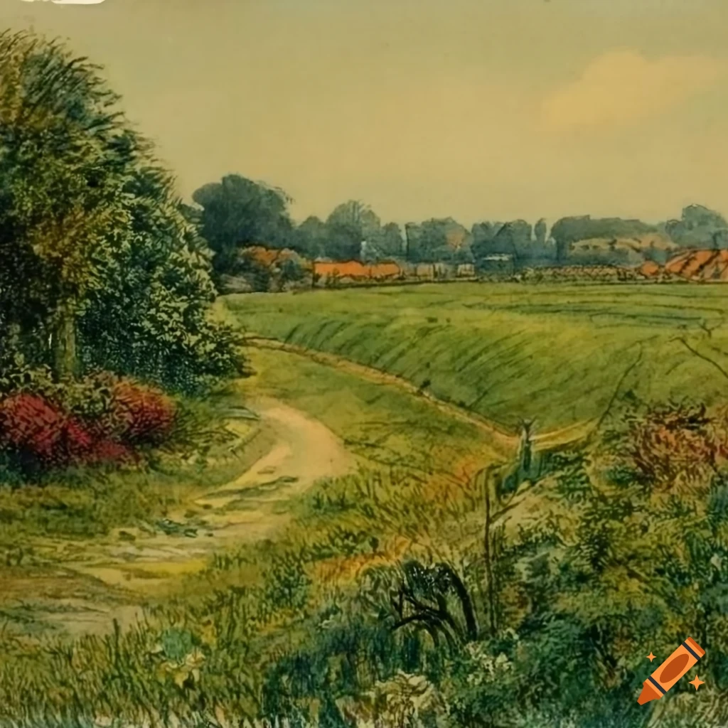 Detailed vintage drawing of a peaceful countryside view on Craiyon