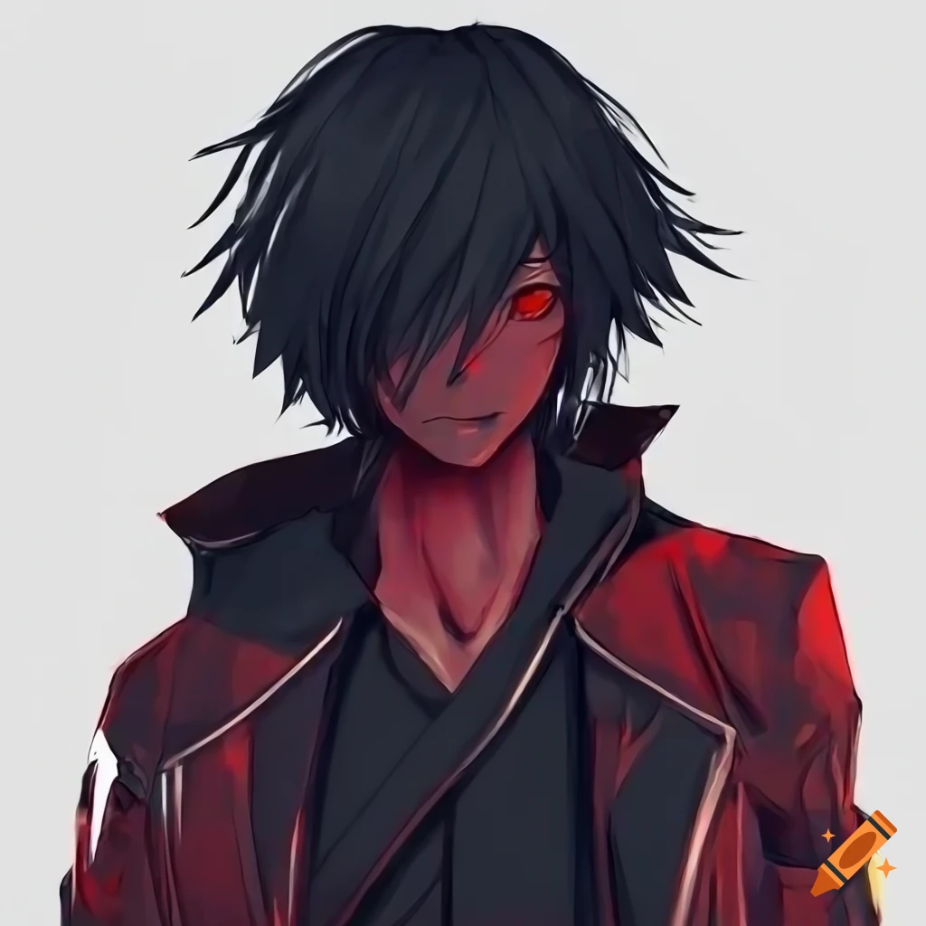 Portrait of an intense anime character with red eyes and black hair on ...