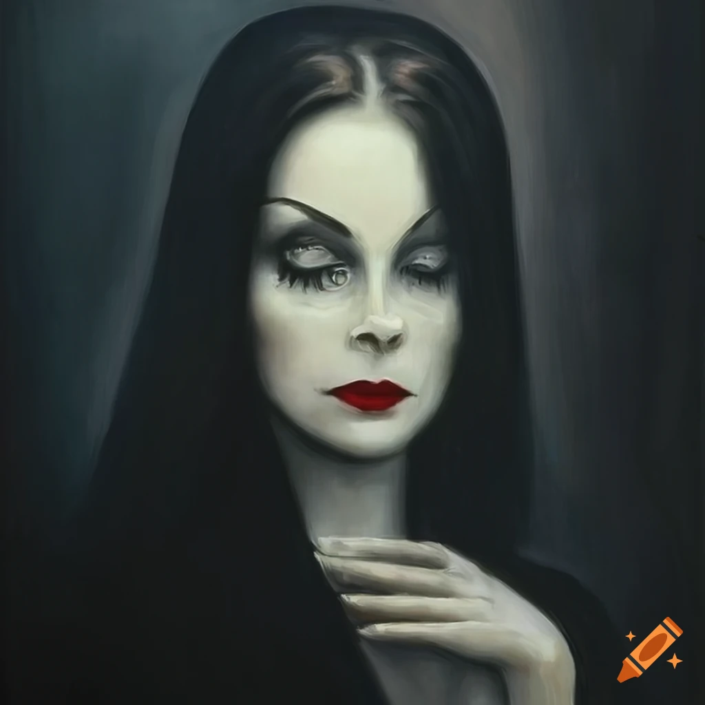 Painting of Morticia Addams with closed eyes on Craiyon