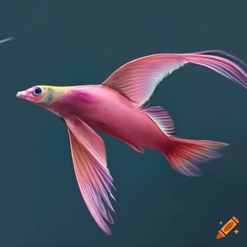 Photo realistic image of a flying fish with pink feathers on Craiyon