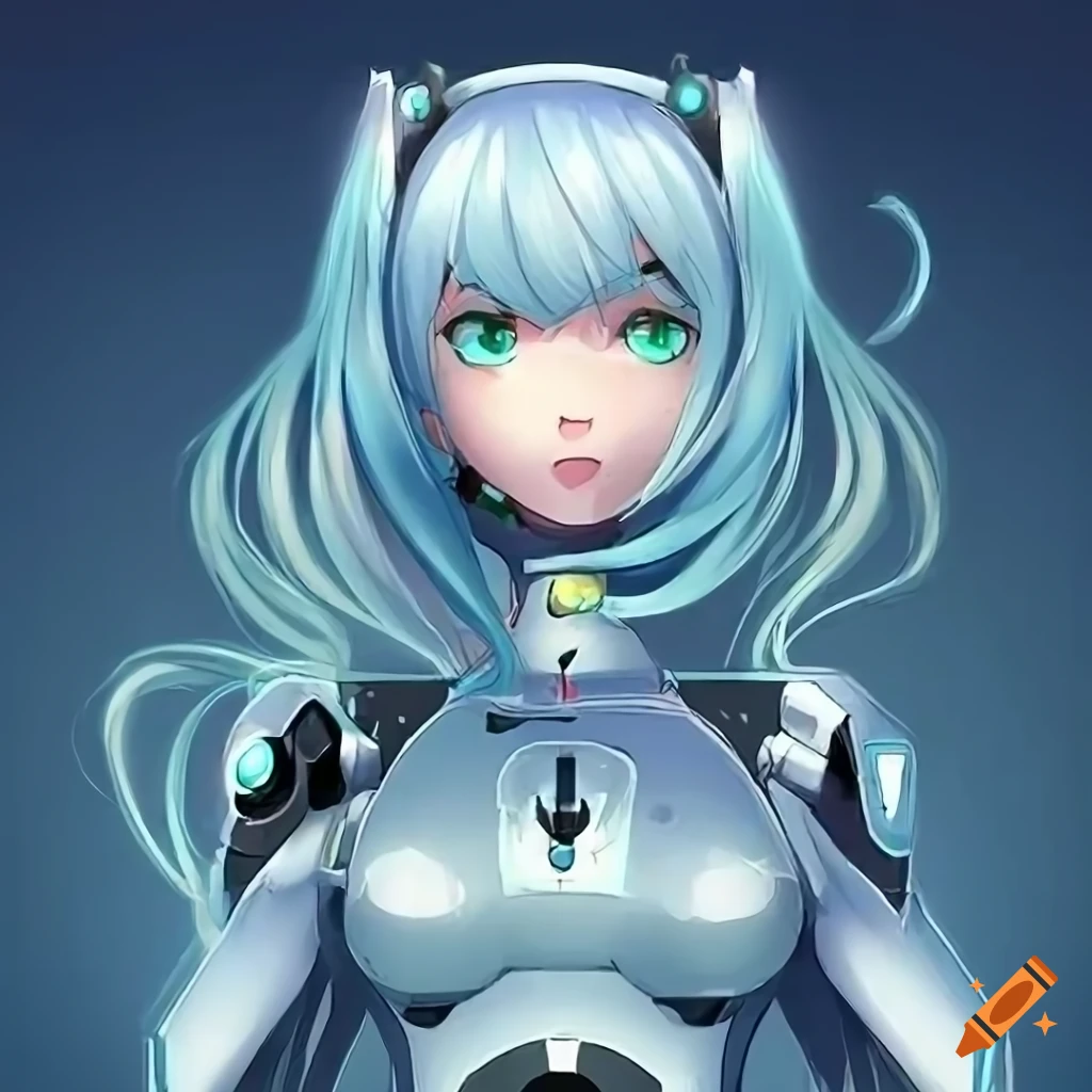 Illustration of an anime robot girl with unique hairstyle on Craiyon