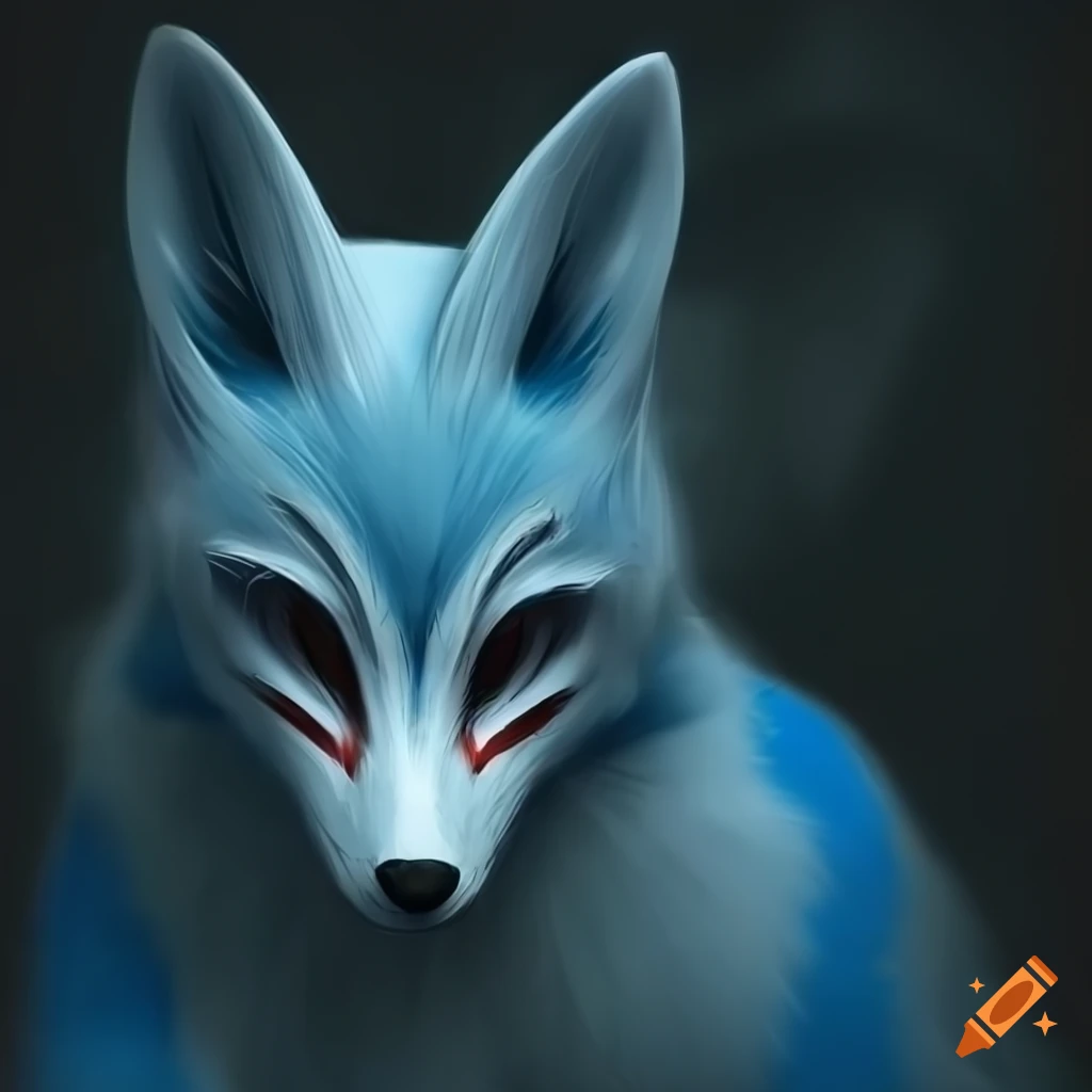 Illustration of a red and blue kitsune on Craiyon