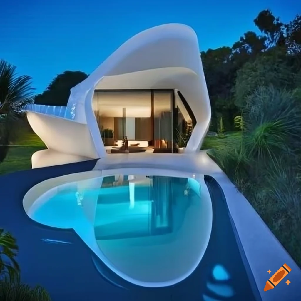 Photo of a futuristic white house with a pool by the beach on Craiyon