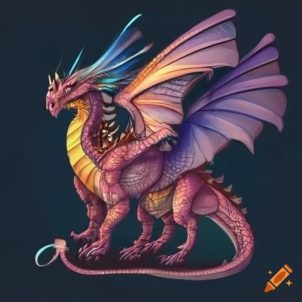 Side view illustration of a detailed dragon with wings and four legs on ...